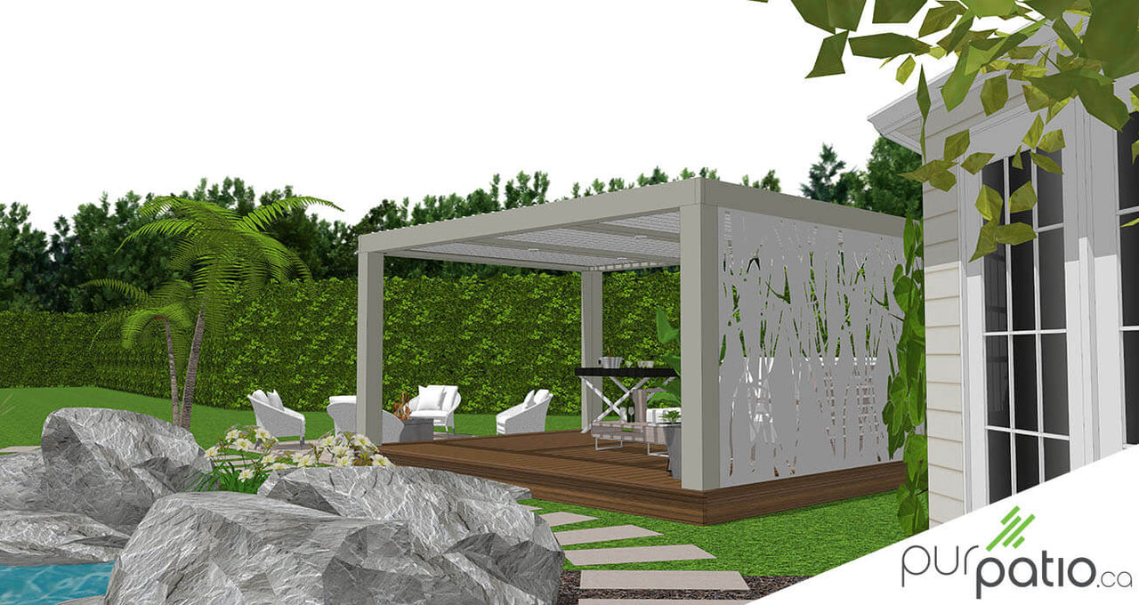 Patio avec pergola bioclimatique StruXure – PurPatio.ca